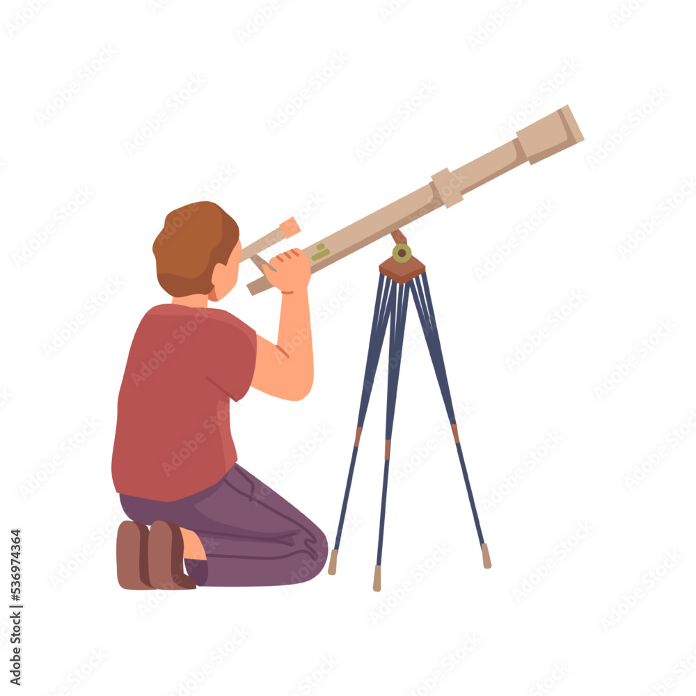 Watching celestial bodies and starry sky through telescopes. Isolated ...