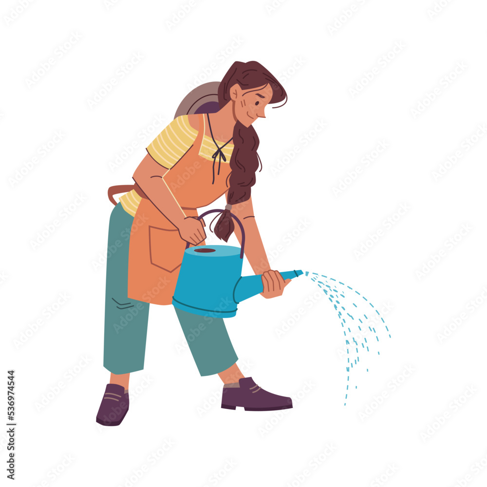 Farming female character watering soil from can, purified liquid for ...