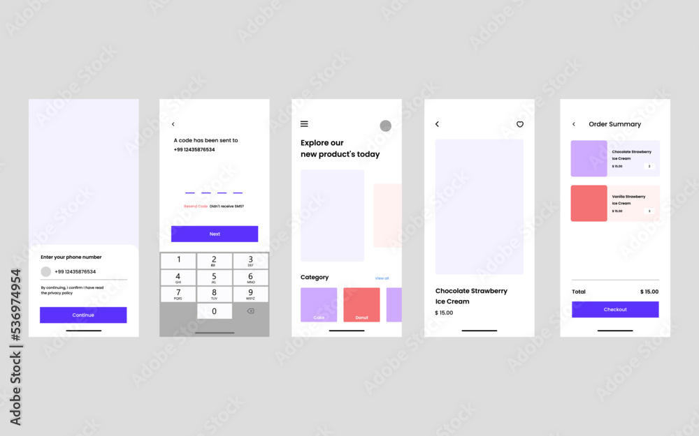 Sweet ice-cream store app mobile application template. UI, UX, GUI ...