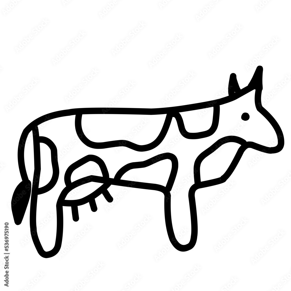 Funny doodle illustration with cute cow. Happy cartoon character ...
