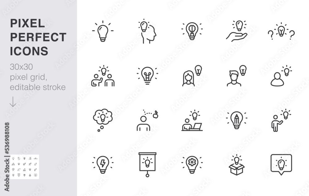 Creative idea line icon set. Electricity bulb, brainstorm presentation ...