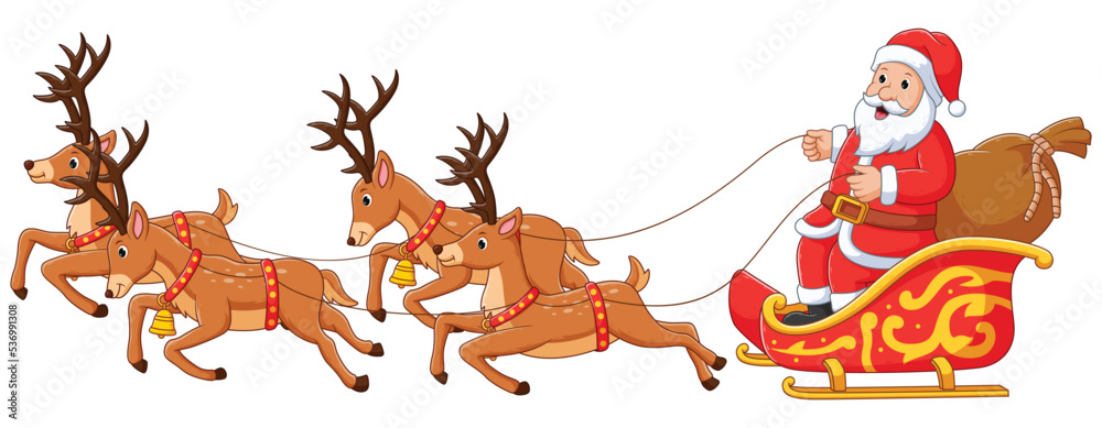 Santa in Sleigh and His Reindeer isolated on a white background. Vector ...