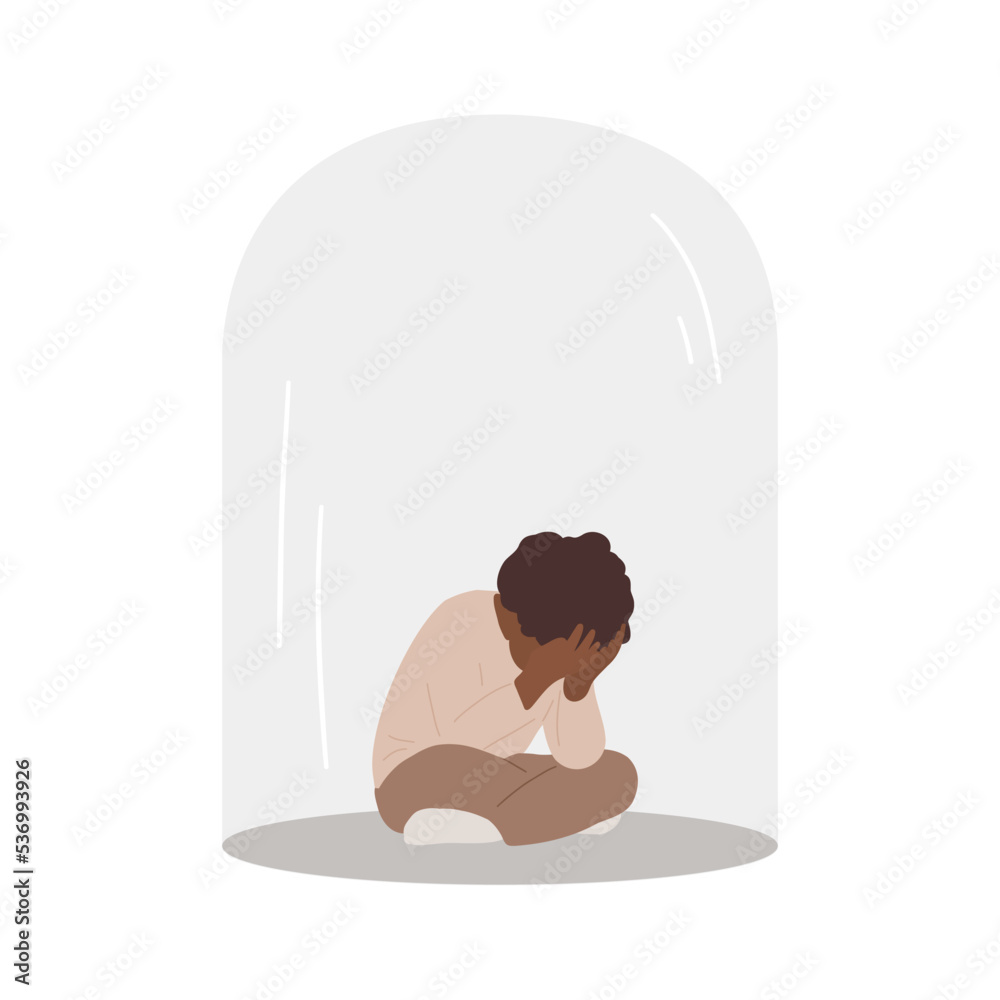 Child, boy in depression, isolated under glass dome, crying, ptsd ...