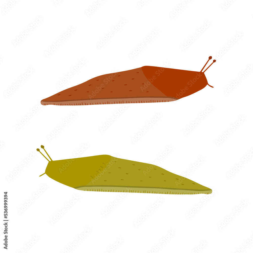 Green and brown slug. Set of slippery insects. Flat cartoon ...
