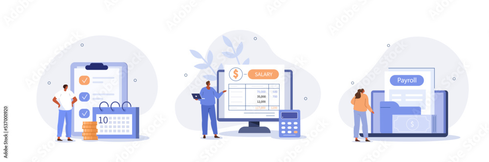 Financial administration set. Characters calculating and filling salary ...