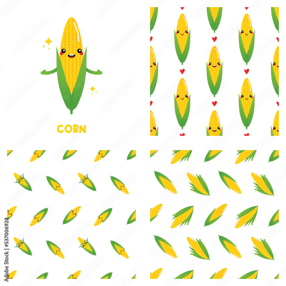 Cute cartoon style corn character and set, collection of three corn ...
