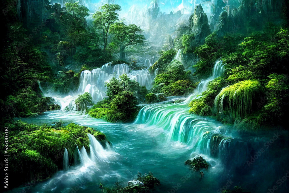 Illustration of beautiful fantasy river landscape with waterfalls Stock ...