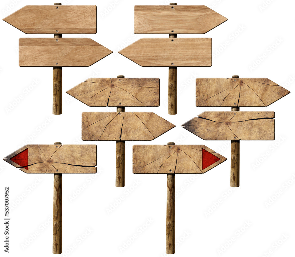 Collection of wooden directional signs with poles and arrows, isolated ...