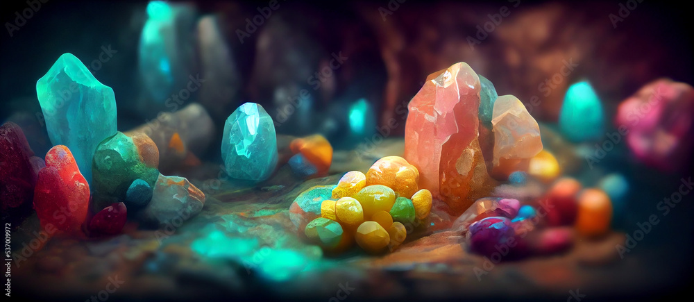Colorful and glowing gemstones on the stone inside a magical cave. 3D ...