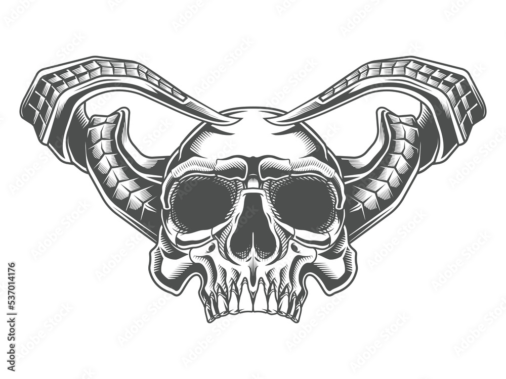 Devil skull. Vector illustration in engraving technique of human skull ...
