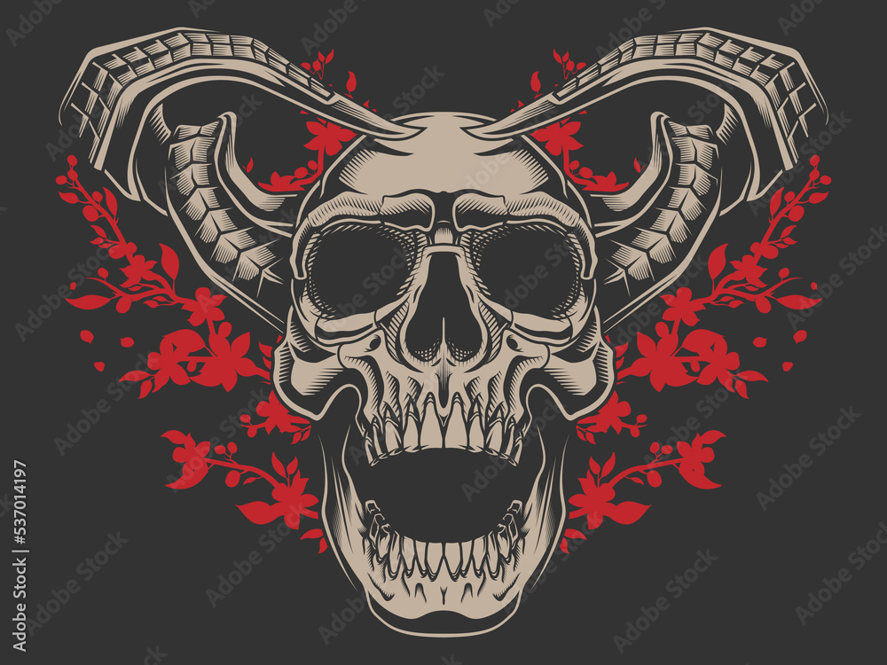 Devil skull. Vector illustration in engraving technique of human skull ...