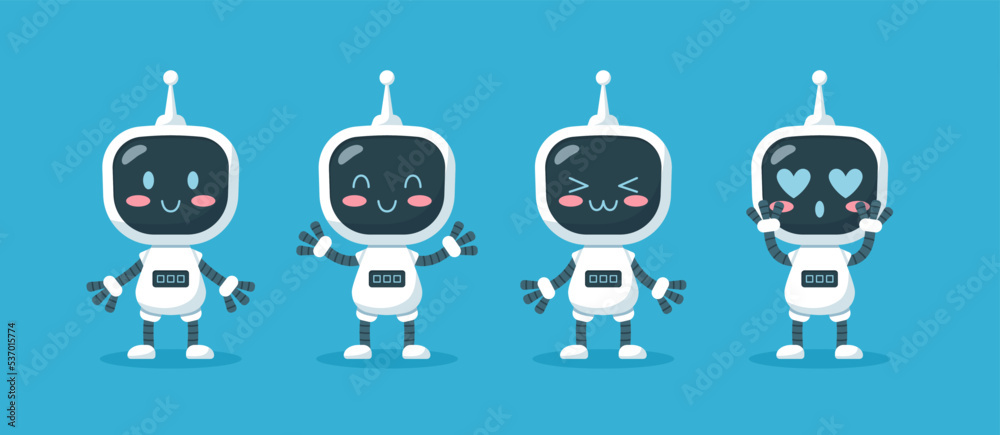 Cute cartoon robot set, cheerful android character - flat vector ...