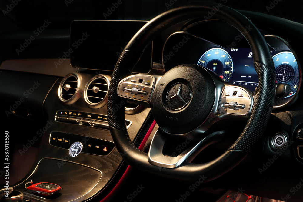 car steering wheel of Benz c200 coupe AMG dynamic model and led ...