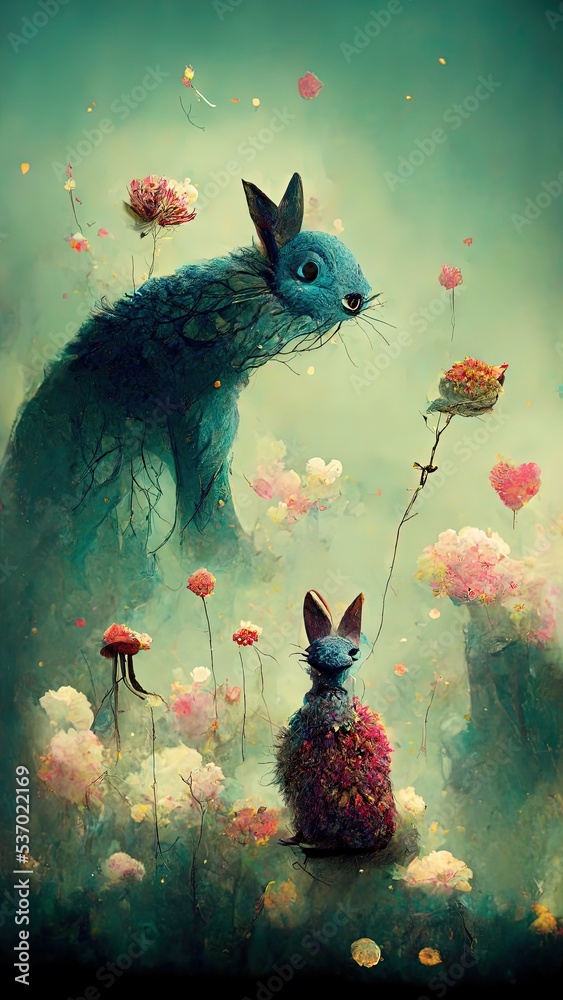 Surreal fantasy tale, ferry forest with fantastic animals in the woods ...