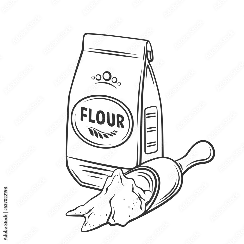 Flour bag and scoop outline icon vector illustration. Black line paper ...
