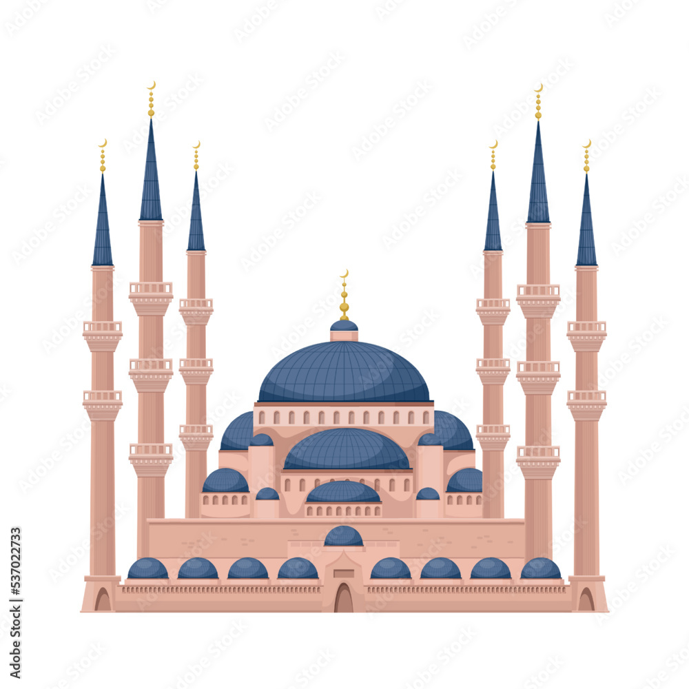 Blue Mosque in Istanbul, travel to Turkey vector illustration. Cartoon ...