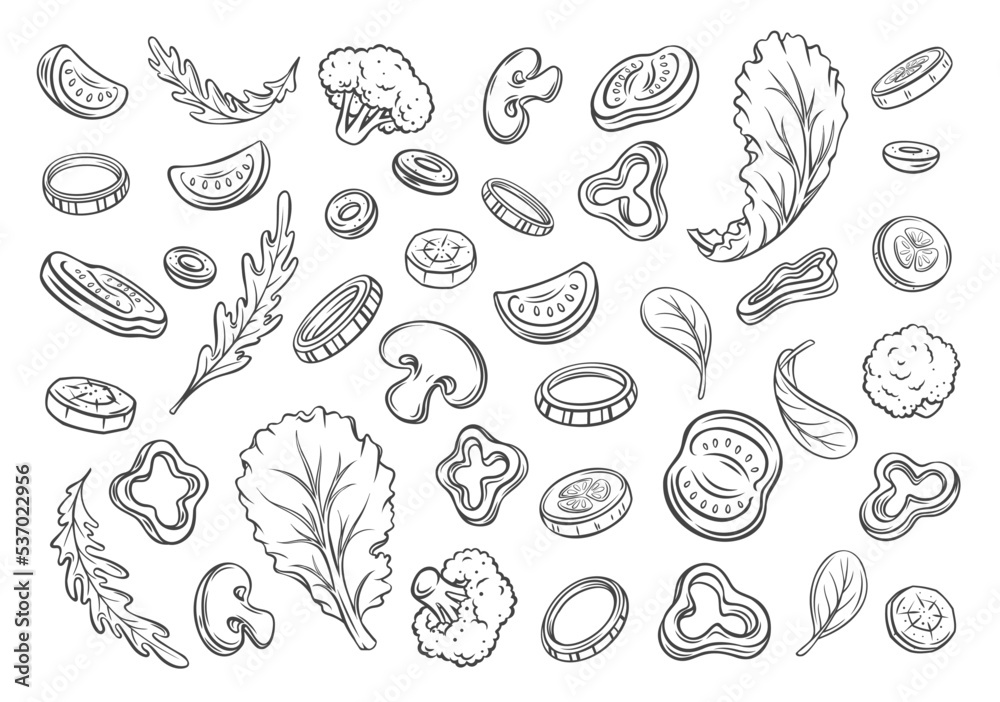 Cut vegetables outline icons set vector illustration. Black line slices ...