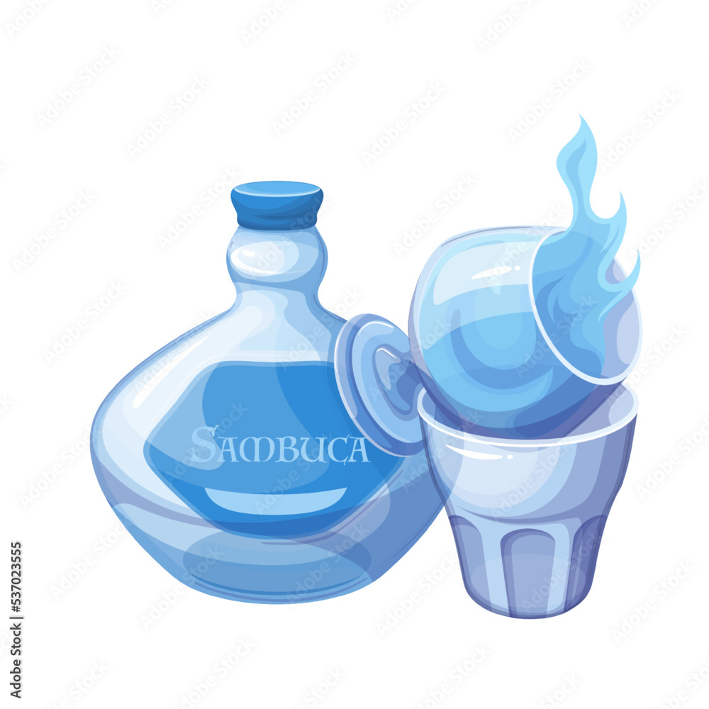 Sambuca cocktail with blue flame in glasses, bottle with alcohol drink ...