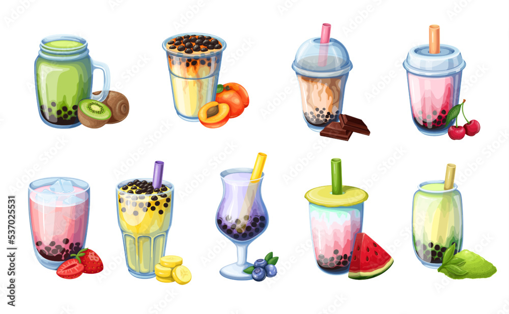 Bubble tea set vector illustration. Cartoon isolated boba milk drink in ...