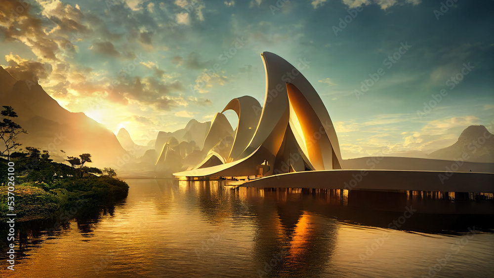 science fiction architecture, futuristic building, sunset over the ...
