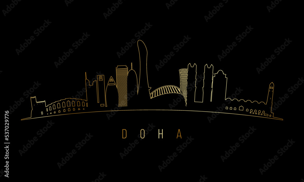 Golden Doha skyline silhouette. Doha, Qatar architecture. Golden ...