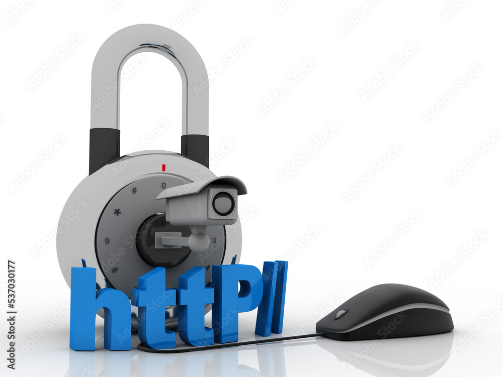 3d illustration http sign connected mouse with cctv camera protection ...