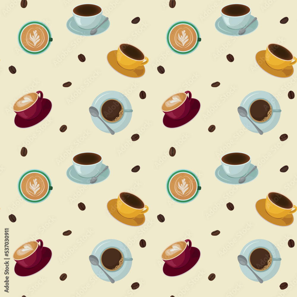 seamless pattern of colorful coffee cups and beans on a beige ...