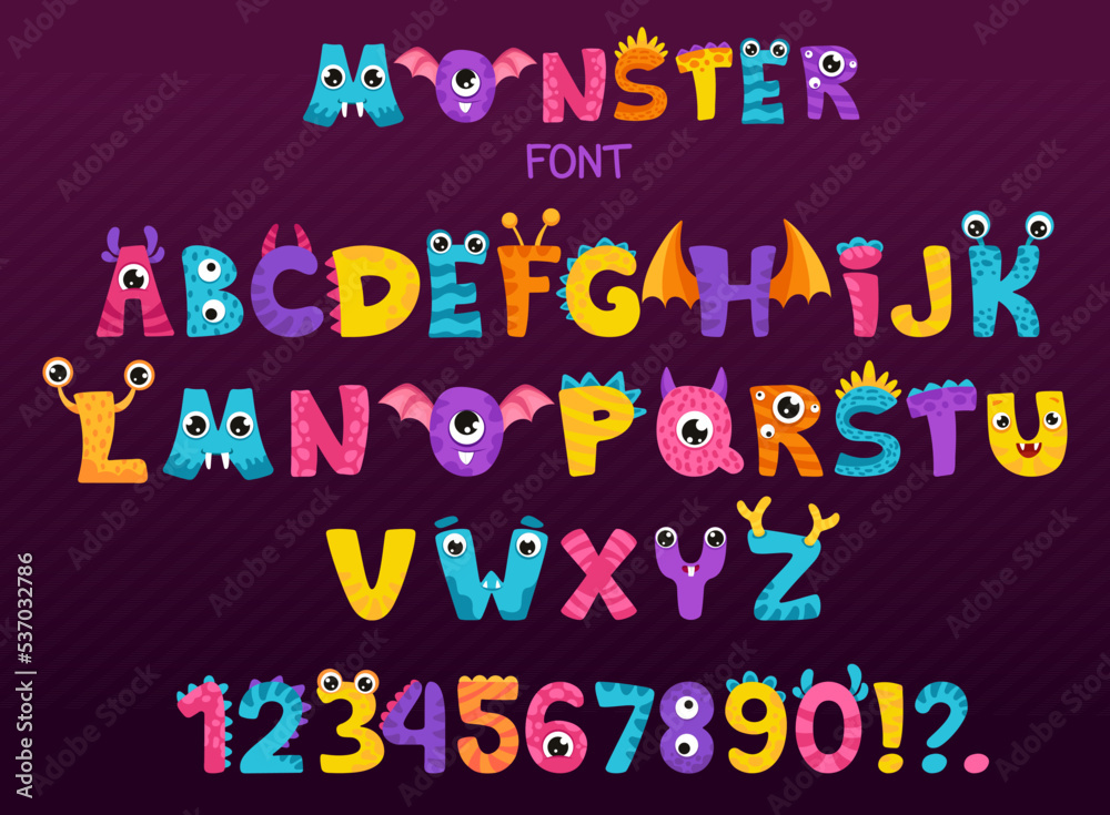 Cartoon colorful alphabet with funny monsters letters with wings, eyes ...