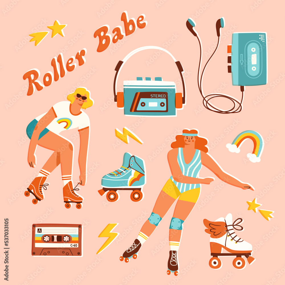Vector illustration of retro roller skaters, roller skates, cassette ... Vector illustration of retro roller skaters, roller skates, cassette ...
