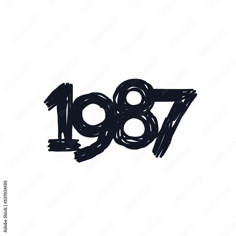 1987 year of birth celebration logo icon sign Hand drawn ink sketch ...