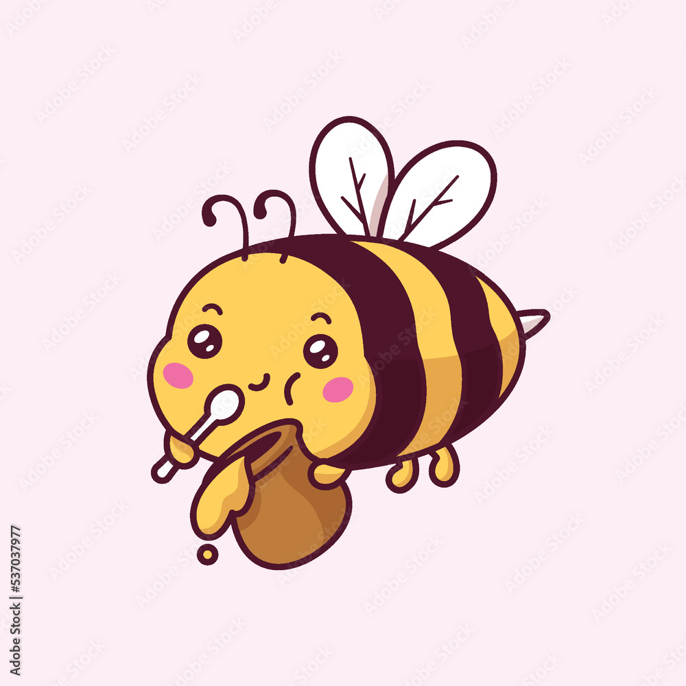 Cute kawaii little bee eating honey from a jar vector cartoon ...