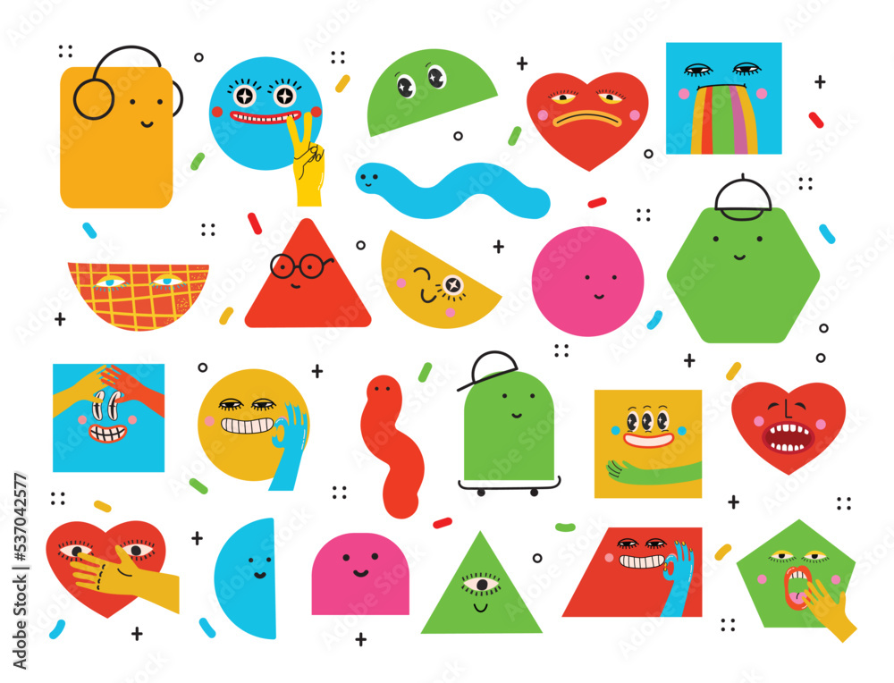 Vector illustration of geometric character shapes with face emotions ...