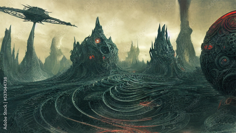 Illustrations of planets in outer space with various forms of buildings ...