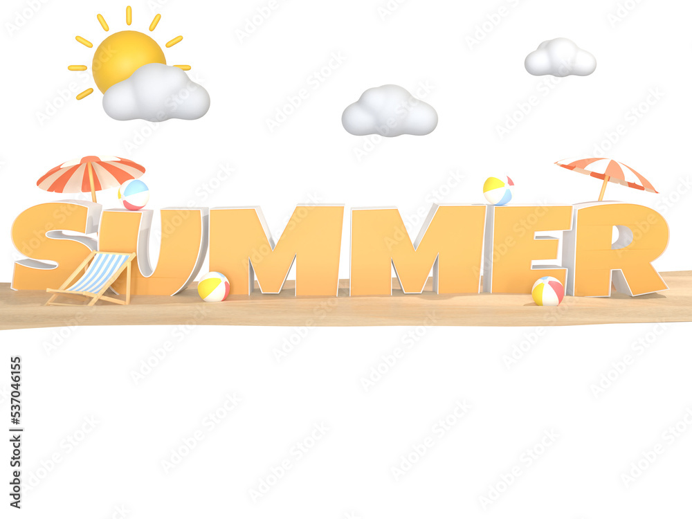 3D Illustration of summer text with summer elements on a transparent ...