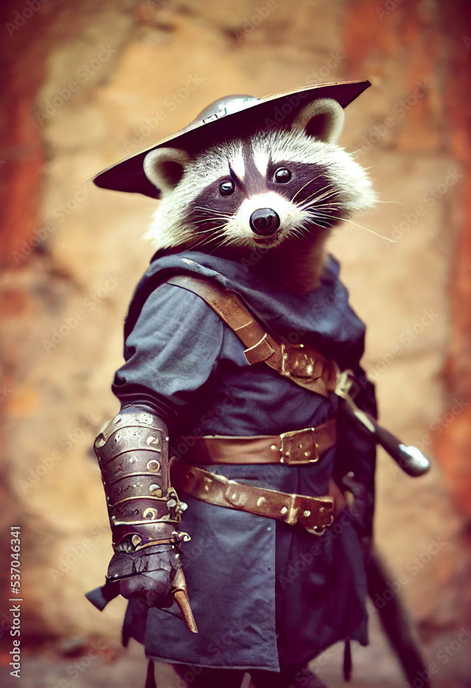 cute raccoon cartoon character wearing medieval knight armor Stock ...