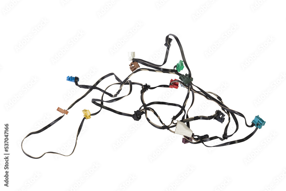 A cable of matted wires of different colors with connectors in the ...