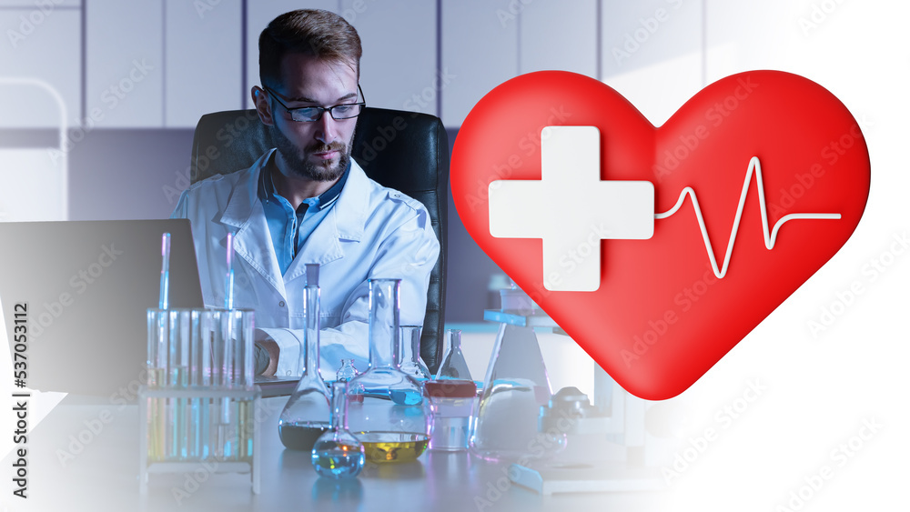 Treatment of cardiovascular diseases. Man doctor sits at table with ...