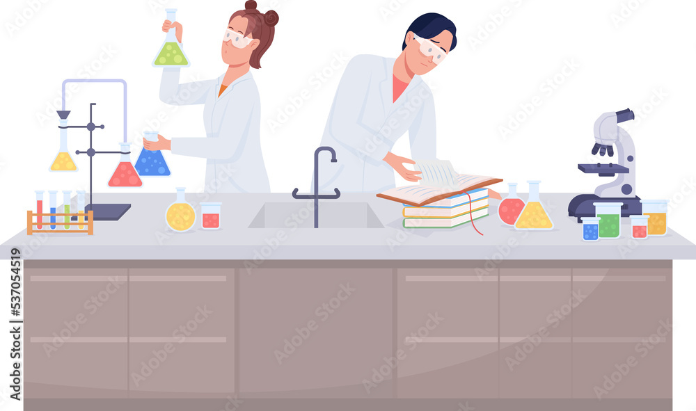 Students doing chemical experiment semi flat color raster characters ...