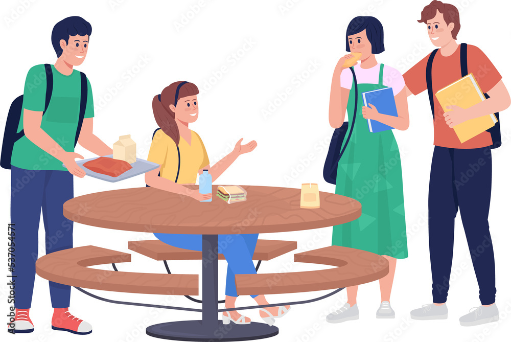 Students on outdoor lunch semi flat color raster characters ...