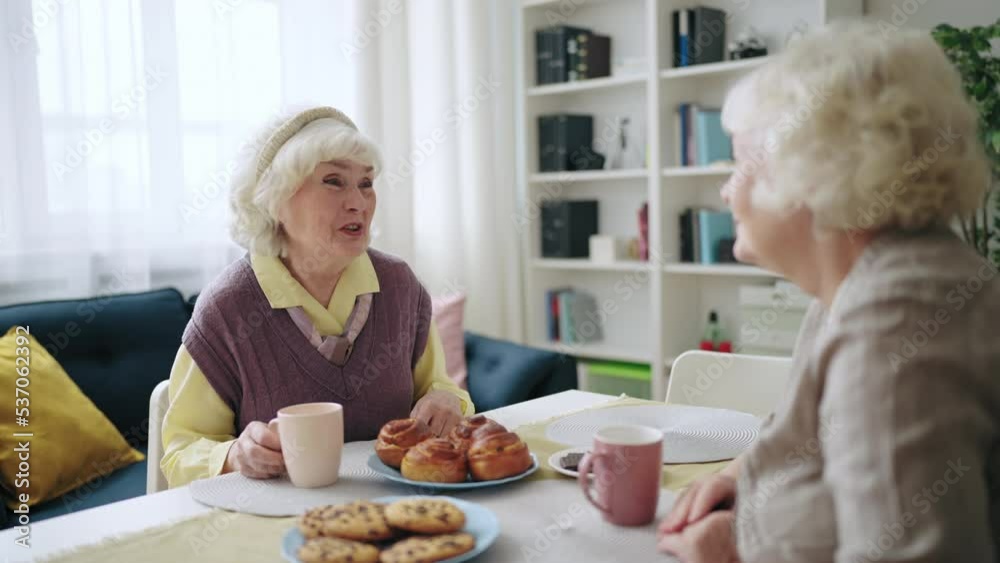 Two women in their 60s gossiping at home, friends meeting for afternoon ...