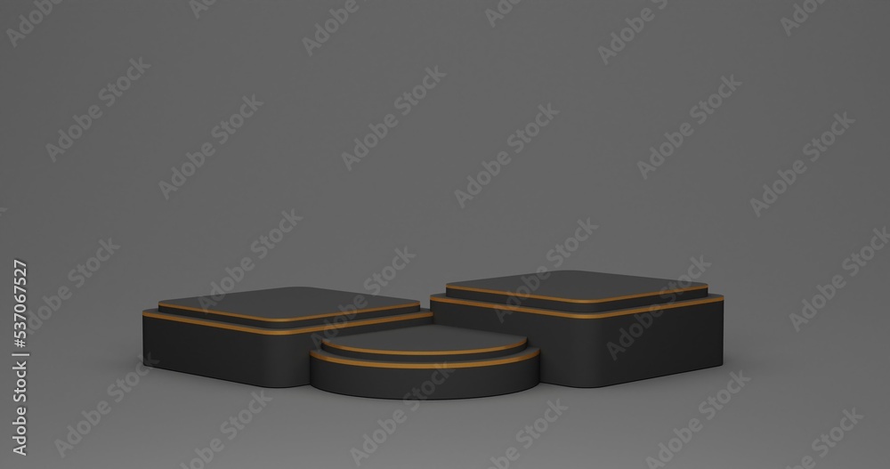 Realistic 3D black and golden round corner cube pedestal or stand ...