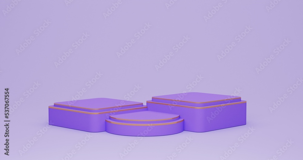 Realistic 3D purple and golden round corner cube pedestal or stand ...