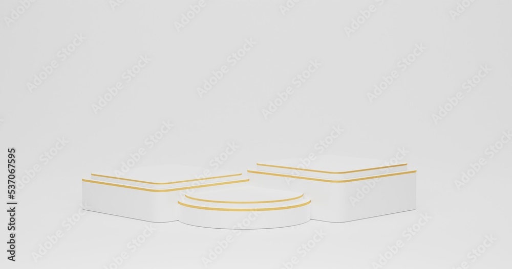 Realistic 3D white and golden round corner cube pedestal or stand ...