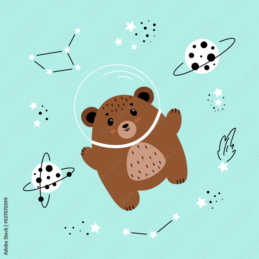 Astronaut bear, bear flying in space, children's illustrations on the ...