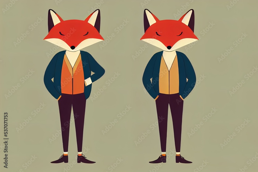 Sketch drawn 2d illustration of humanized fox. Anthropomorphic fox ...