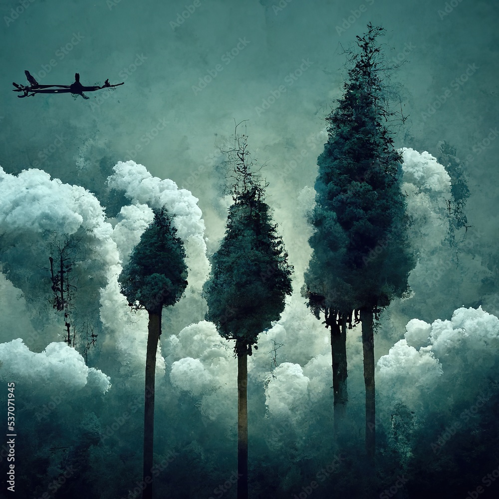 dark forest with sad trees with books growing out of them and a plane ...
