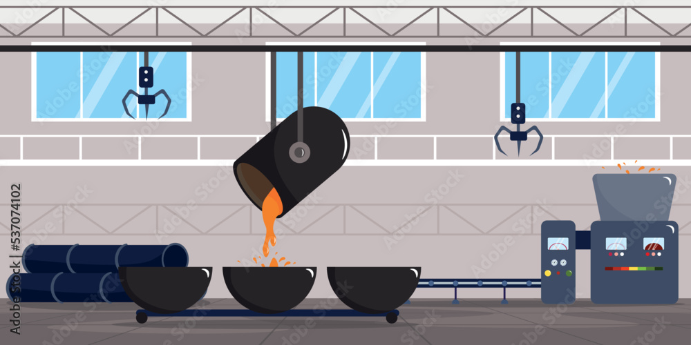 Vector illustration of modern interior metal melting plant. Cartoon ...