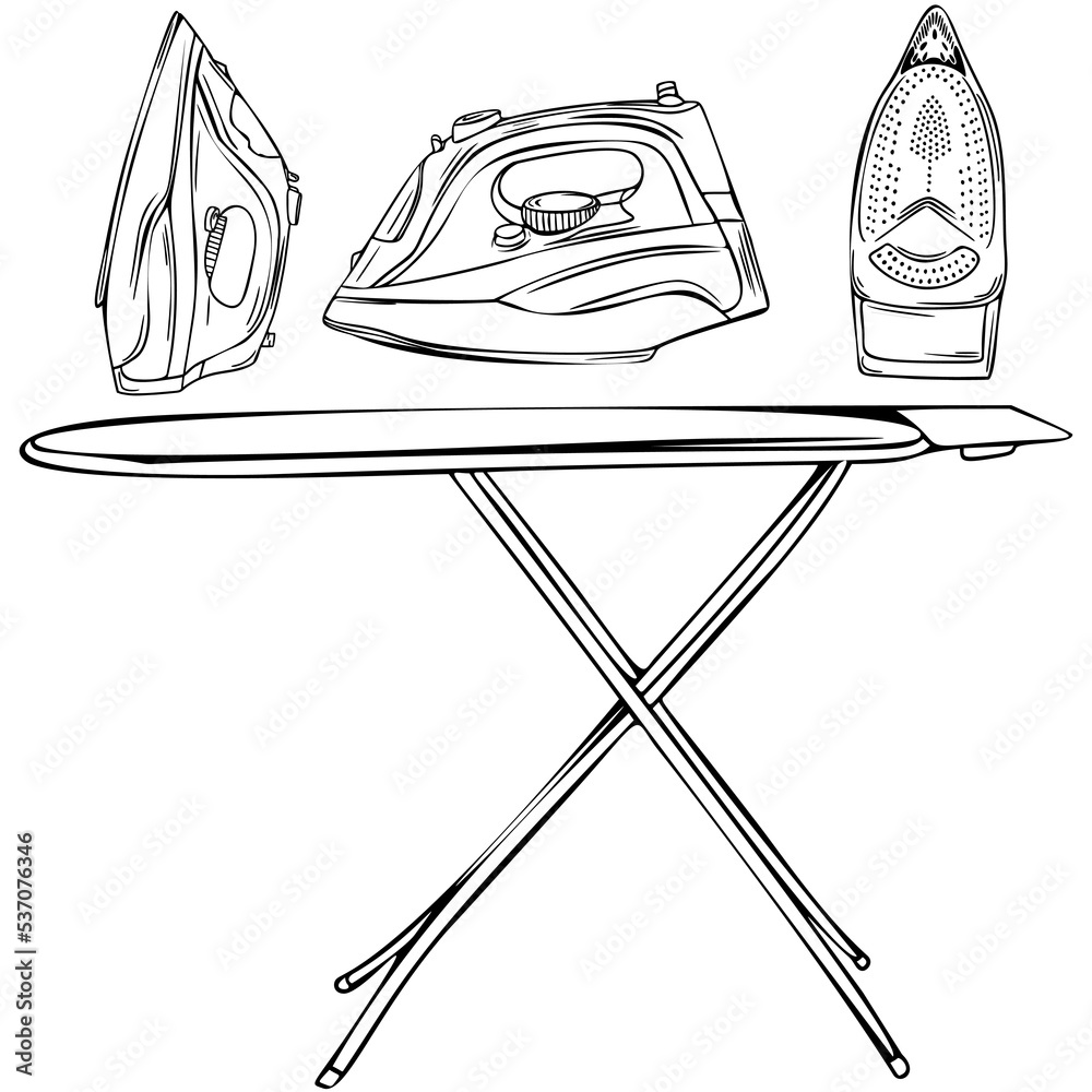 Ironing board. Iron sketch. Black and white sketch. Hand draw. Home ...