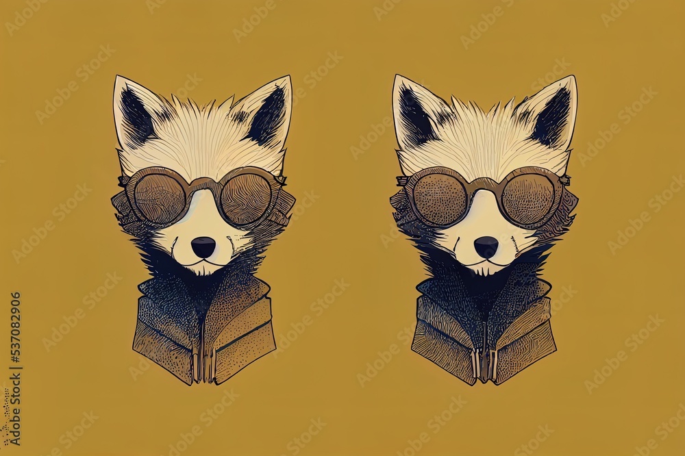 A hipster fox, outline 2d illustration. Sketch drawn anthropomorphic ...