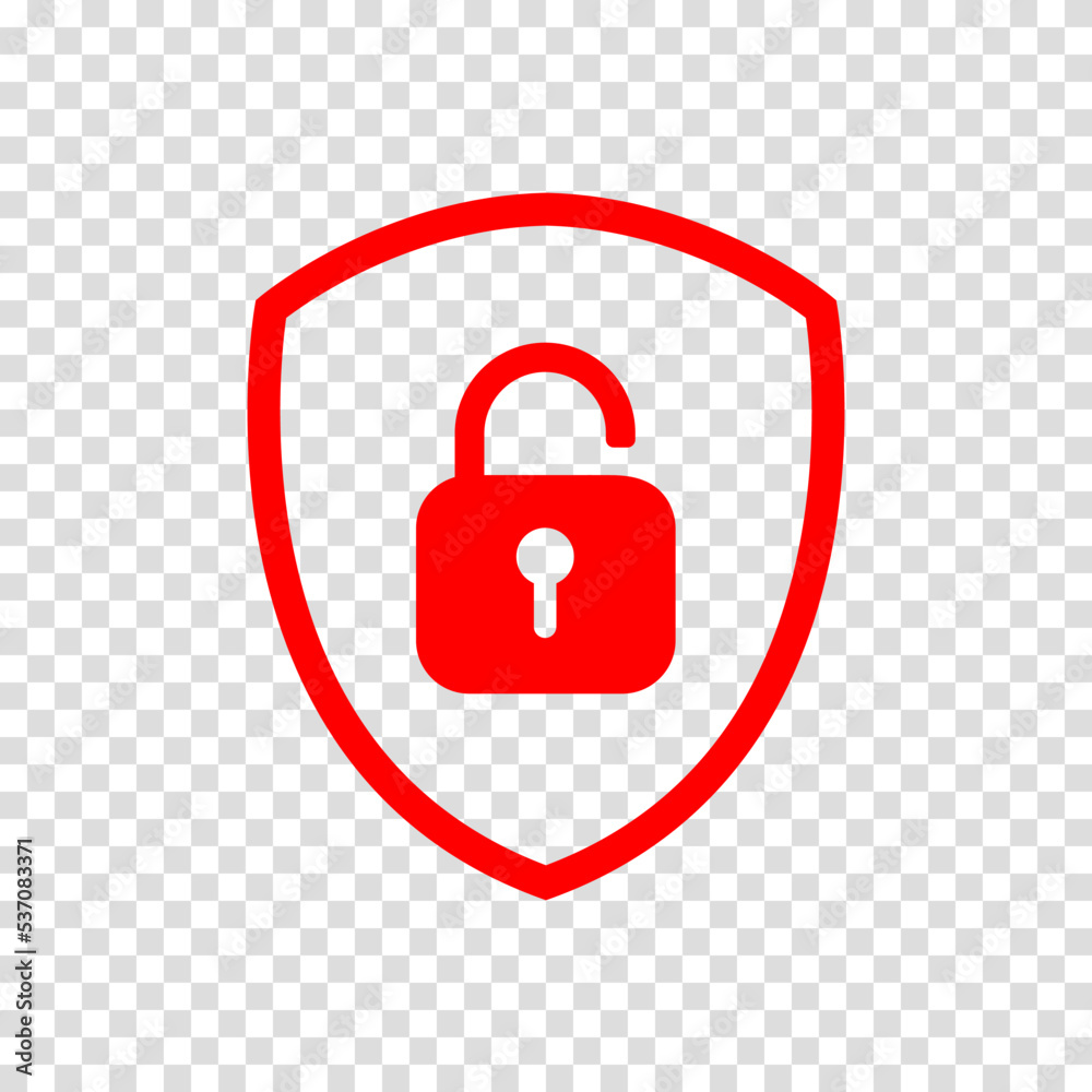 Red shield icon unlock padlock. Vector illustration with symbol on a ...
